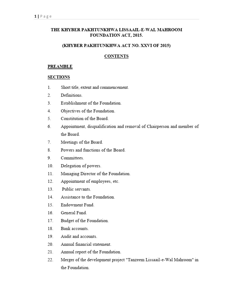 The Khyber Pakhtunkhwa Lissaail e Wal Mahroom Foundation Act 2015 | PDF ...