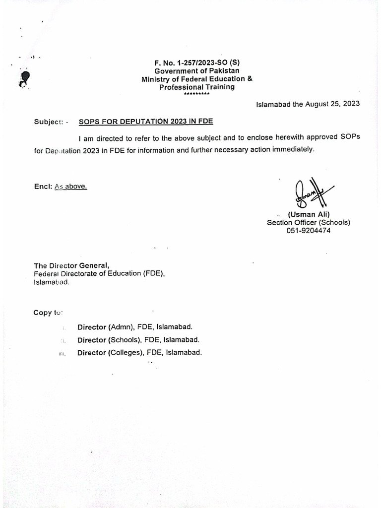 SOP for Deputation 2023 in FDE | PDF