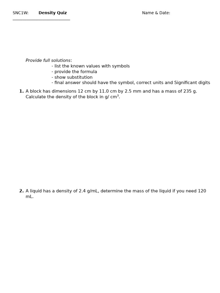Density Calculation Quiz for Students | PDF