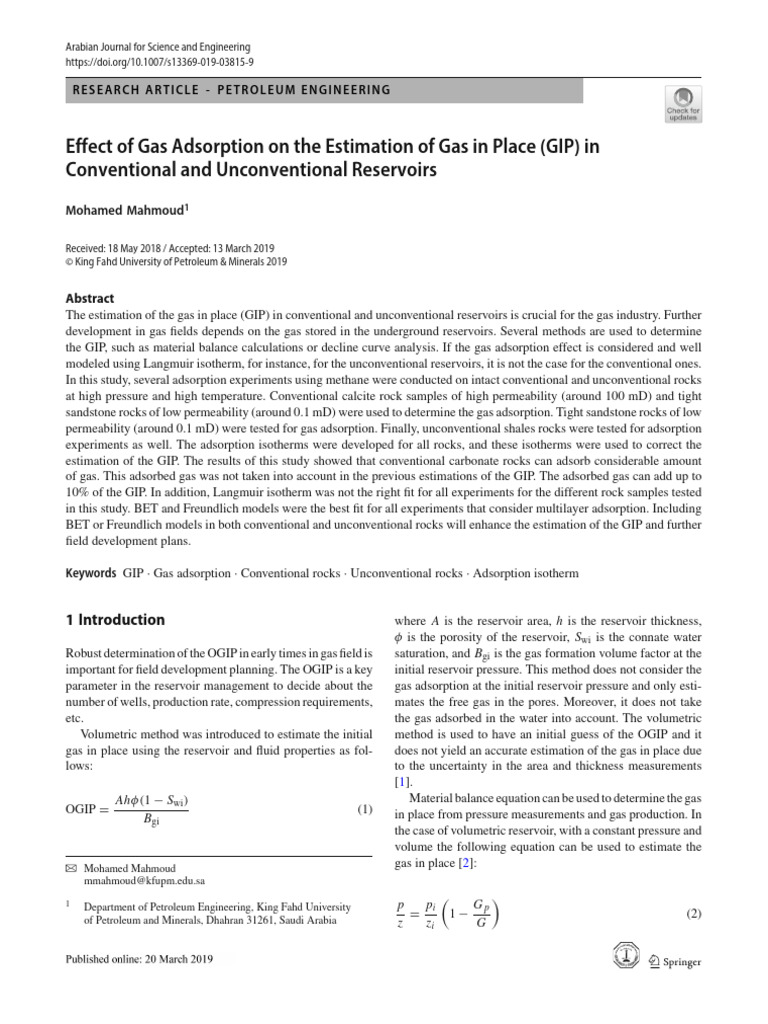 Effect of Gas Adsorption On The Estimation of Gas in Place (GIP) in ...