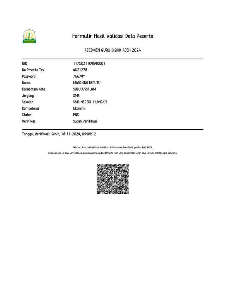 Formulir Validasi Data Peserta AKG 2024 Mardiono | PDF