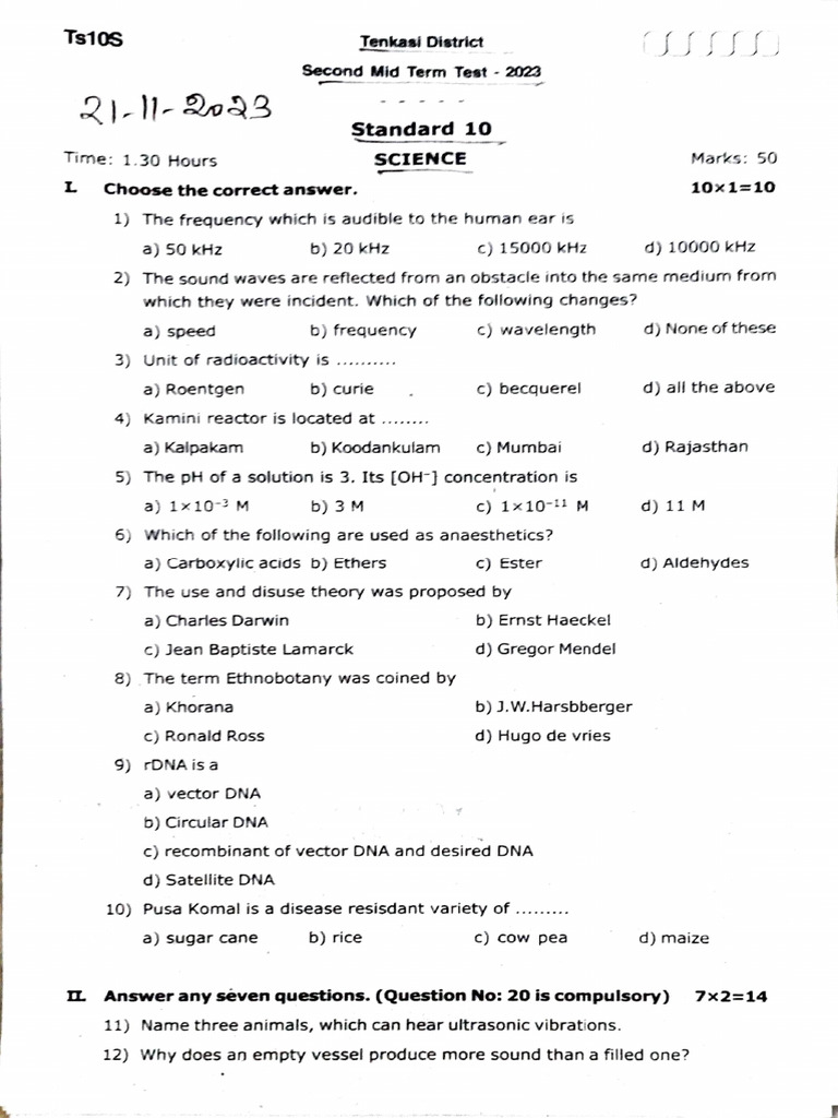 10th Science EM 2nd Mid Term Exam 2023 Question Paper Thenkasi District EnglishMedium PDF ...