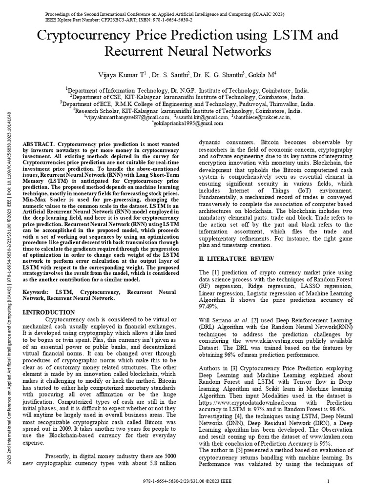 Cryptocurrency Price Prediction Using Lstm And Recurrent Neural Networks Pdf Artificial 