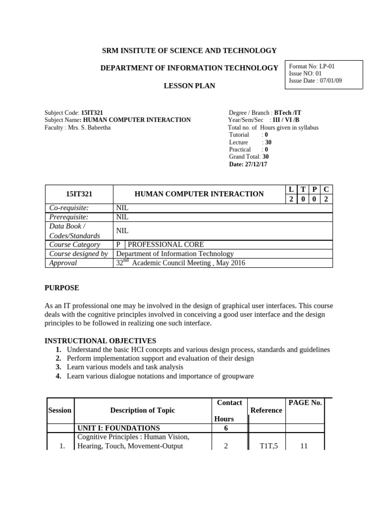 15IT321 HCI LESSON PLAN | PDF | Human–Computer Interaction | Usability