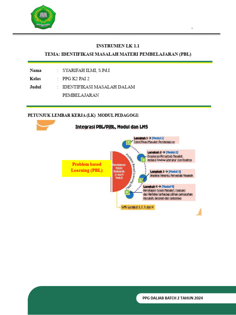 Instrumen LK 1.1 - Identifikasi Masalah Pembelajaran [ MODUL PEDAGOGI - PBL ] | PDF