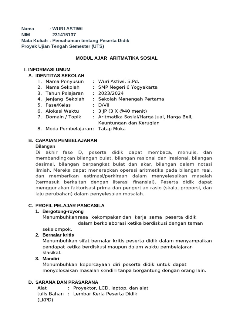 Uts PPD Modifikasi Modul Ajar | PDF | Seni | Sains & Matematika