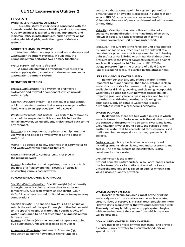 CE 317 (Plumbing) Notes | PDF | Pipe (Fluid Conveyance) | Water