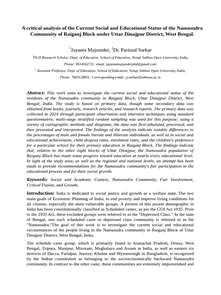 A Critical Analysis of The Current Social and Educational Status of The ...