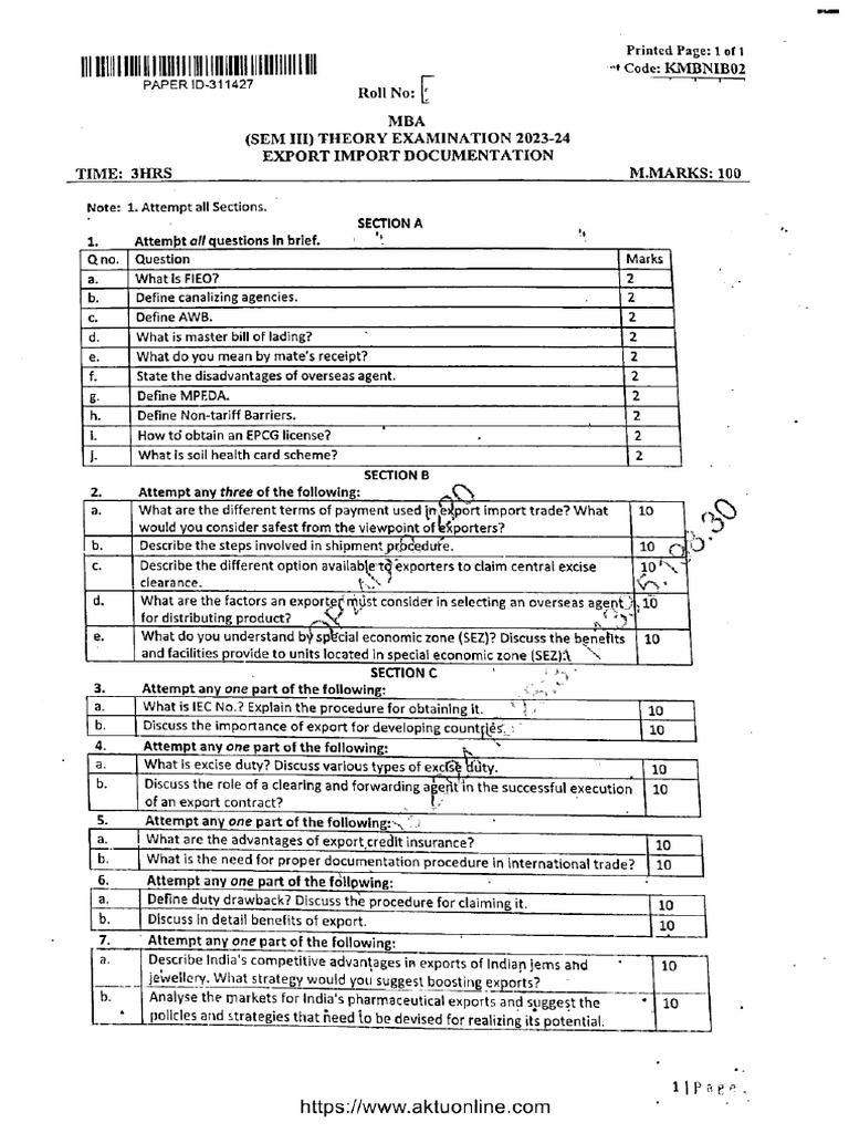 Mba 3 Sem Export Import Documentation Kmbnib02 Mar 2024 | PDF