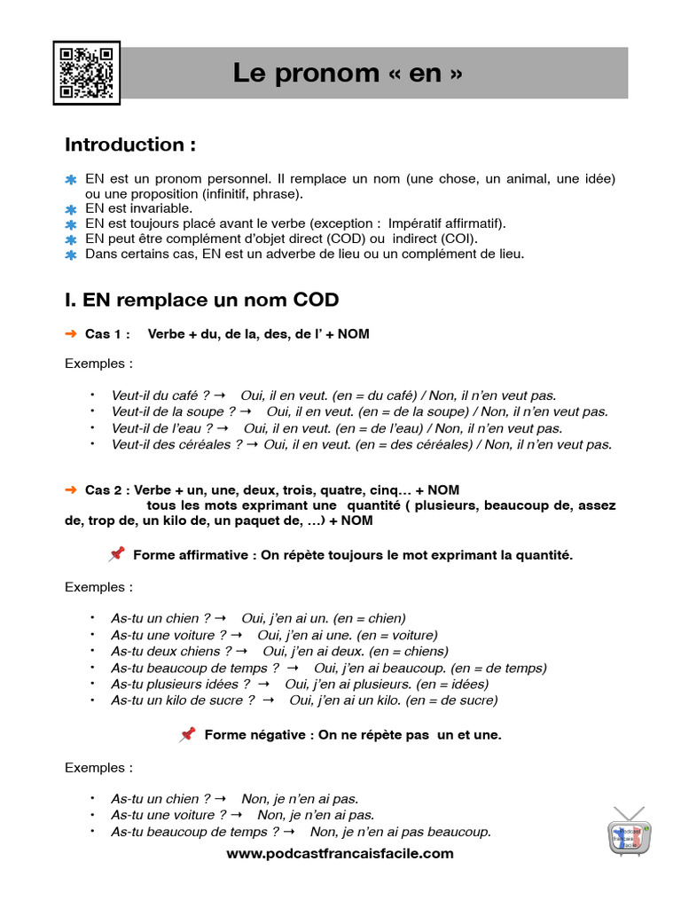 Le pronom "en" en français | PDF | Unités sémantiques | Typologie ...