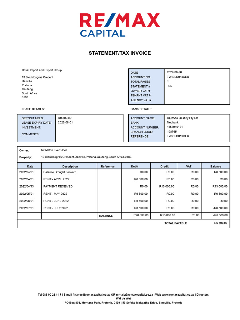 Tenant Statement (TW-BLO013DEU) 2022-04-01 To 2022-07-26 | PDF ...
