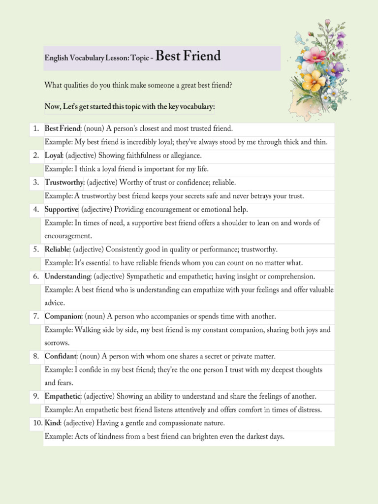 English Vocabulary Lesson - Best Friend | PDF