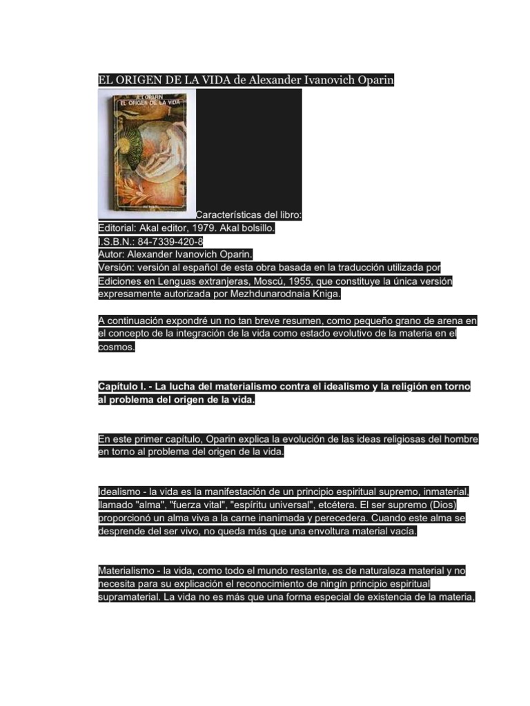 EL ORIGEN de LA VIDA de Alexander Ivanovich Oparin (Resumen) | PDF ...
