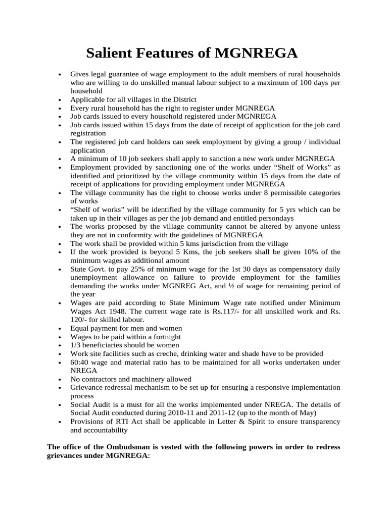Salient Features of MGNREGA | PDF | Criminal Procedure In South Africa | Government