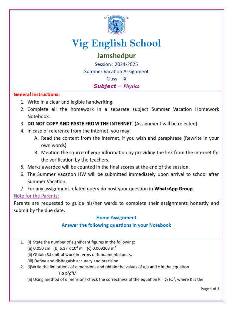 Std Xi Assignment | PDF | Velocity | Orbit