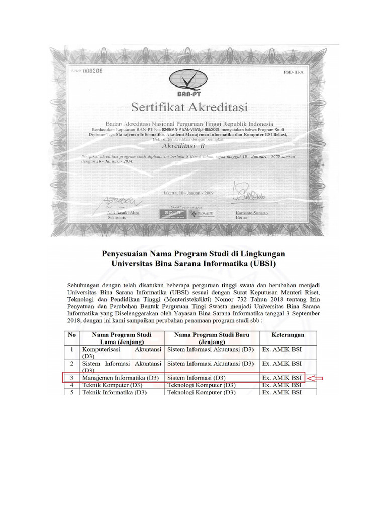 Akreditasi AMIK BSI Manajemen Informatika Aka Sistem Informasi | PDF