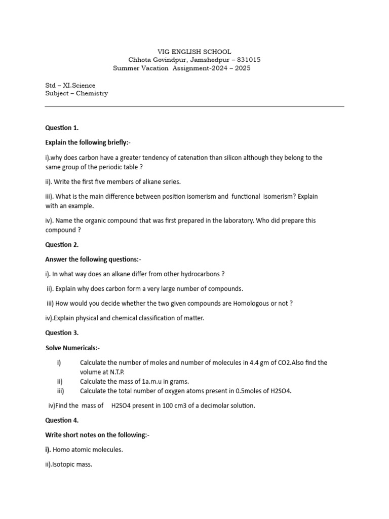 Summer Vacation Assignment-2024-25 XI - SCIENCE | PDF