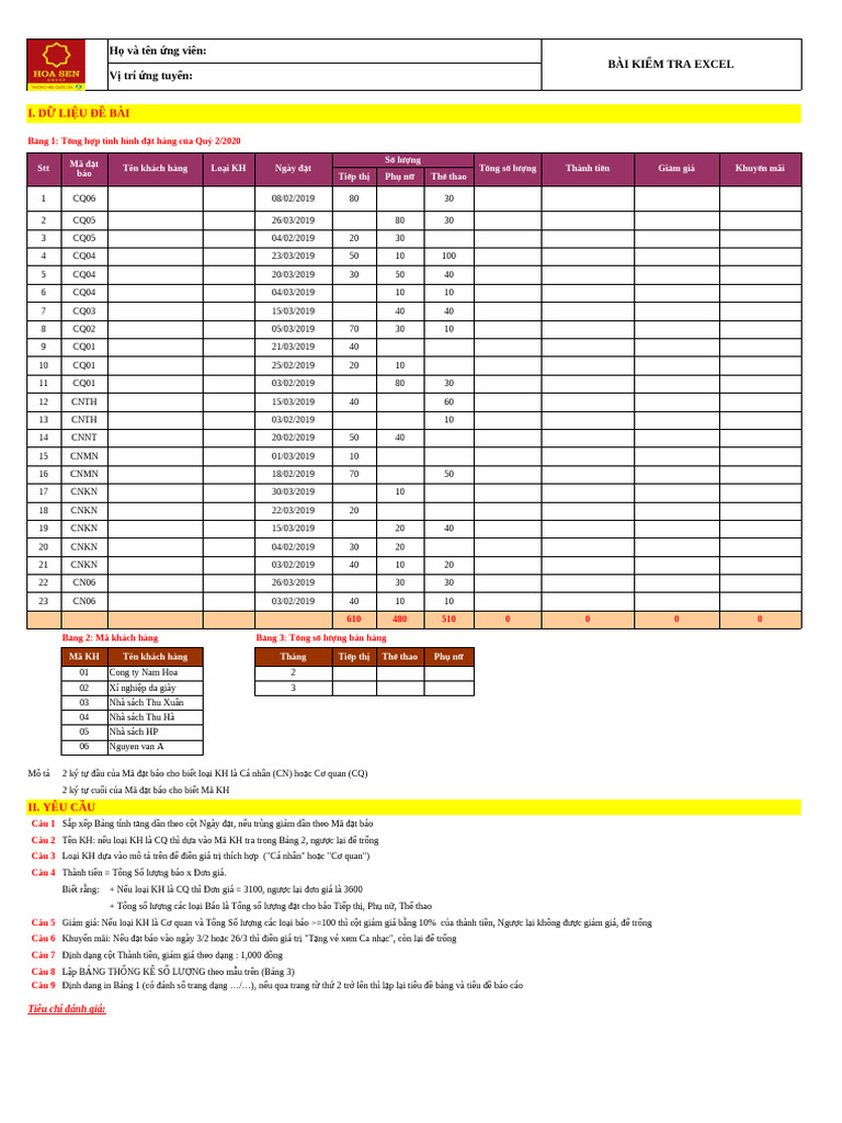 De Bai Test Excel | PDF
