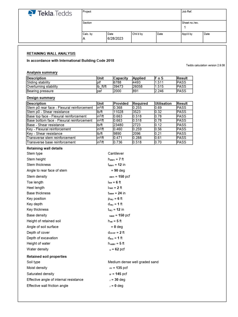 Calc For Retaining Walls | PDF | Strength Of Materials | Bending