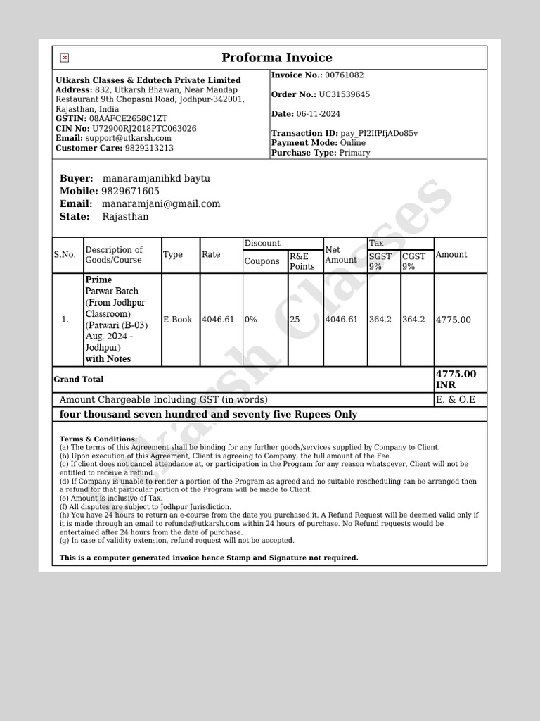 Utkarsh Classes: Proforma Invoice | PDF | Invoice | Taxes