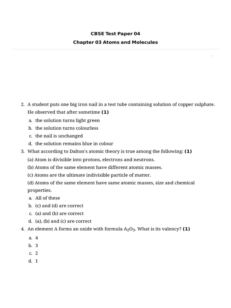 CBSE Atoms and Molecules Test Paper | PDF