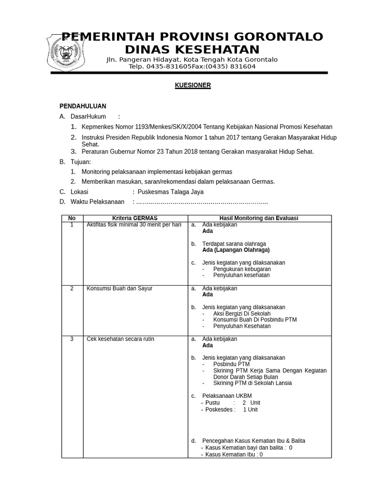 Kuesioner Evaluasi Program Germas Gorontalo | PDF | Pengembangan Diri ...