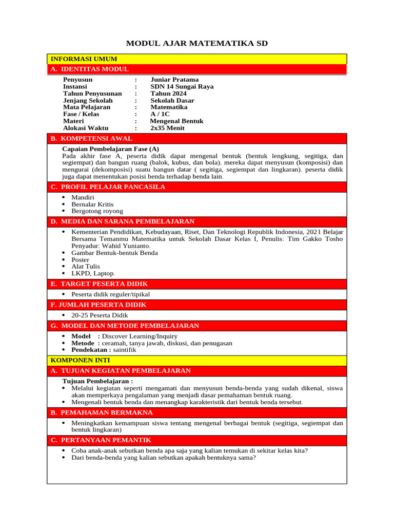 Modul Ajar Nanda Kelas 1c Terbimbing | PDF