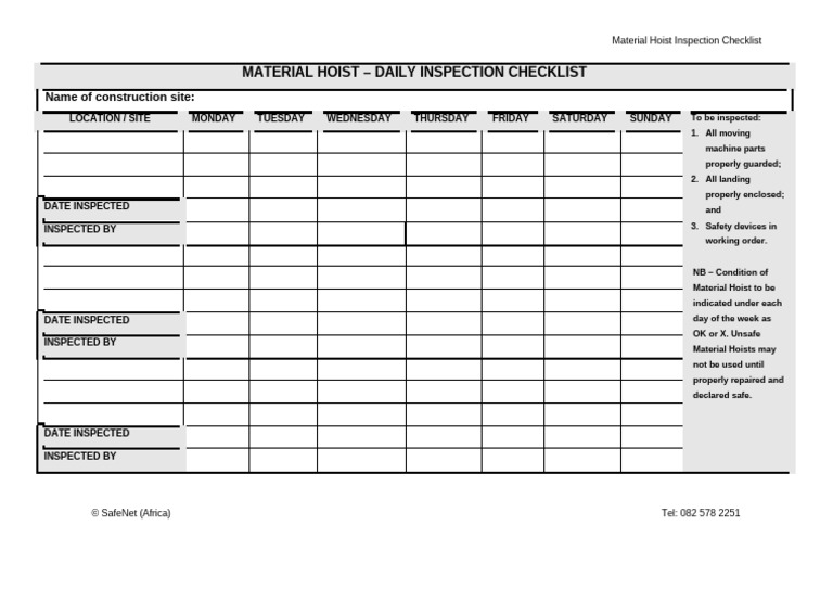 Insp. Checklist 10. Material Hoist Inspection | PDF