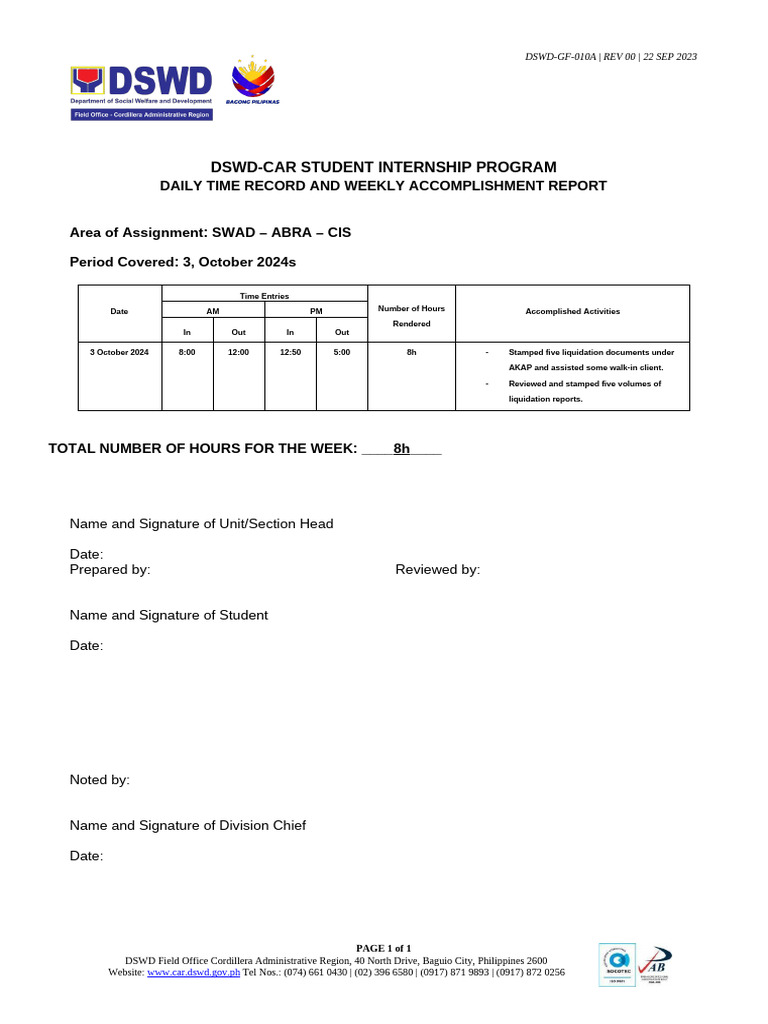 DTR and Weekly AR (Oct. 3) (Roselyn) | PDF