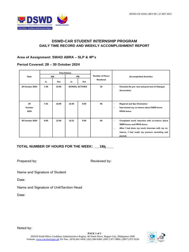DTR and Weekly AR (Oct. 28 - 30) (Roselyn) | PDF | Welfare