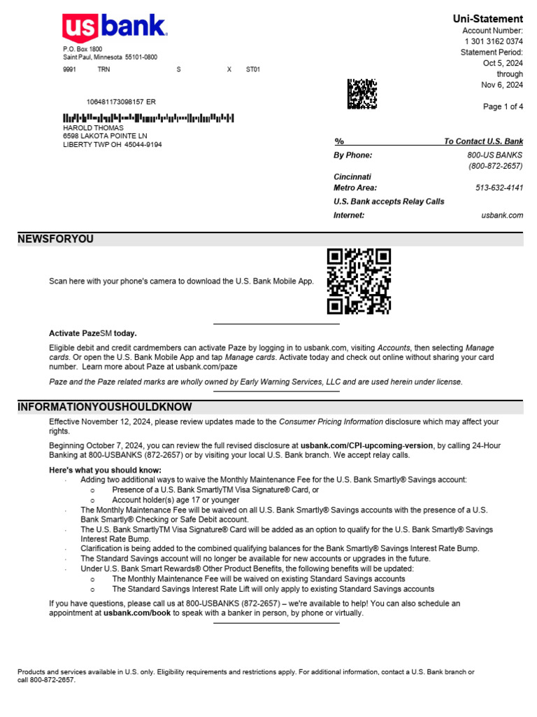 2024-11-06 Statement - USB Checking 0374 | PDF | Credit Card | Interest