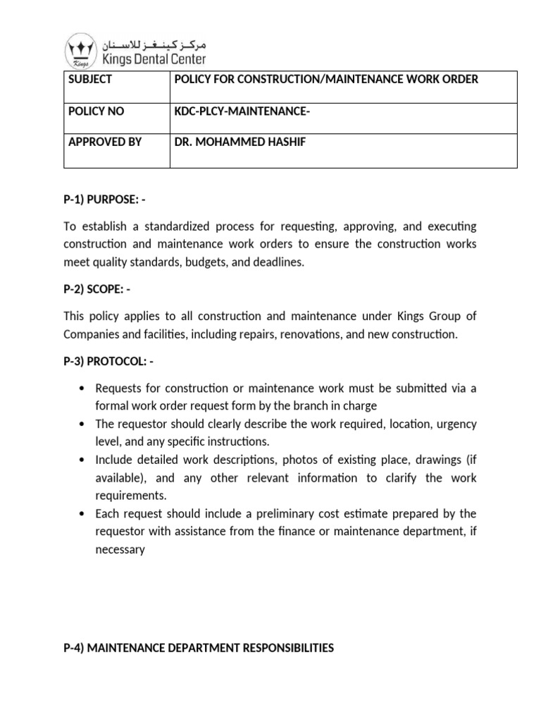 Construction or Maintenance Work Order Policy | PDF | Business