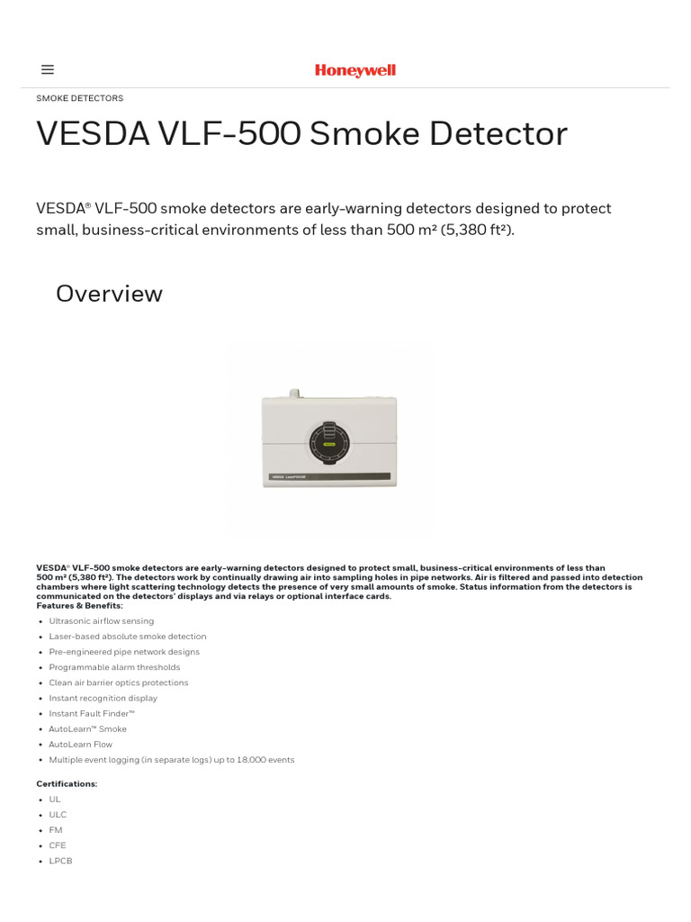 VESDA® VLF-500 Smoke Detector Monitors & Displays Controller Accessori... | PDF | Sensor ...