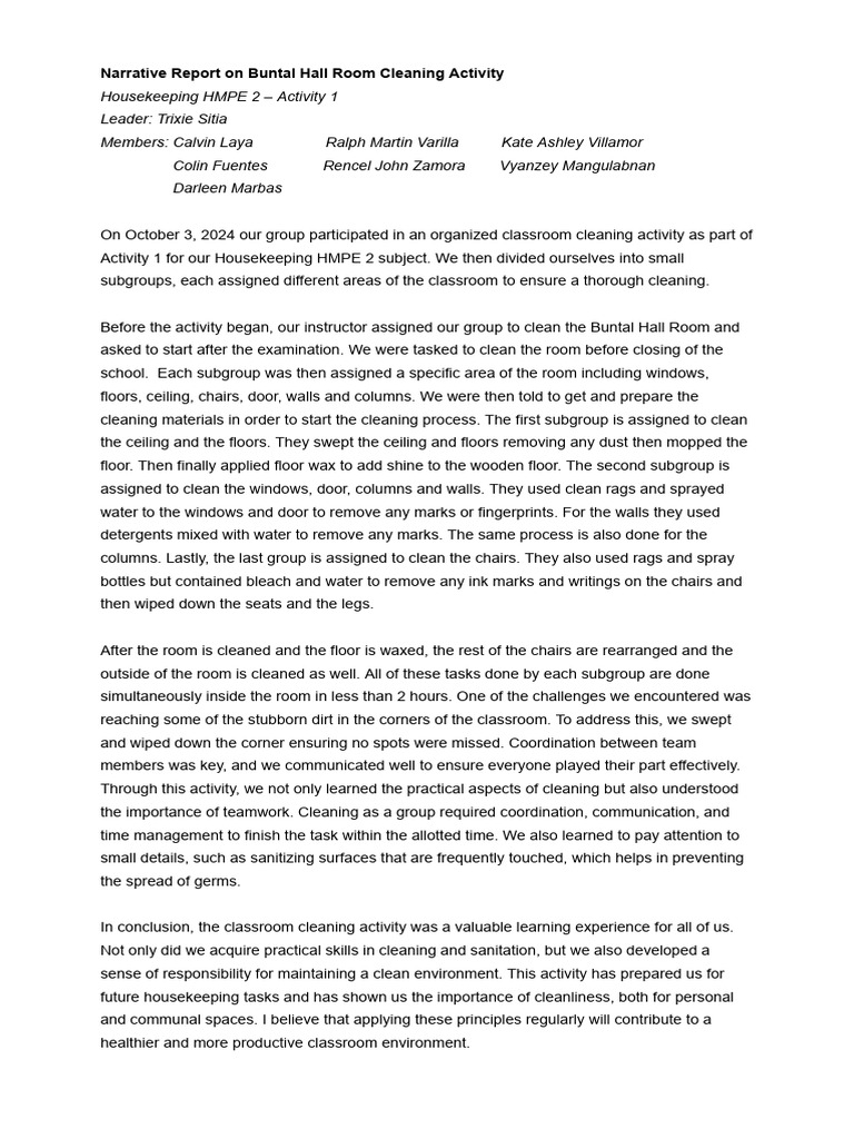 Buntal Hall Cleaning Activity Report | PDF | Housekeeping