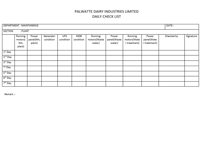 Daily Check List (Plant) | PDF | Technology & Engineering
