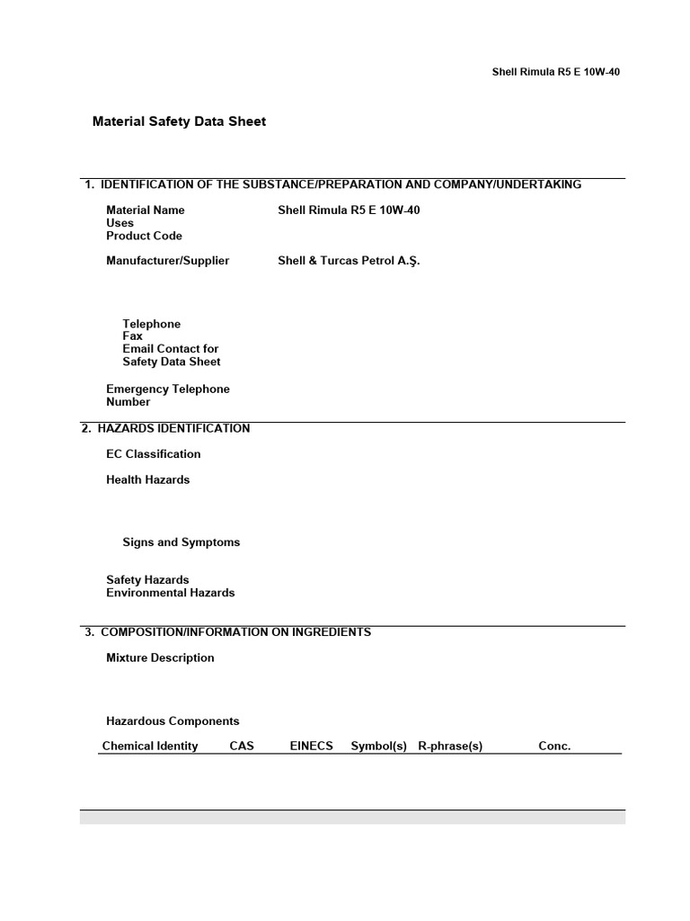 Shell Rimula R5 E 10W-40 Safety Data | PDF | Toxicity | Occupational ...