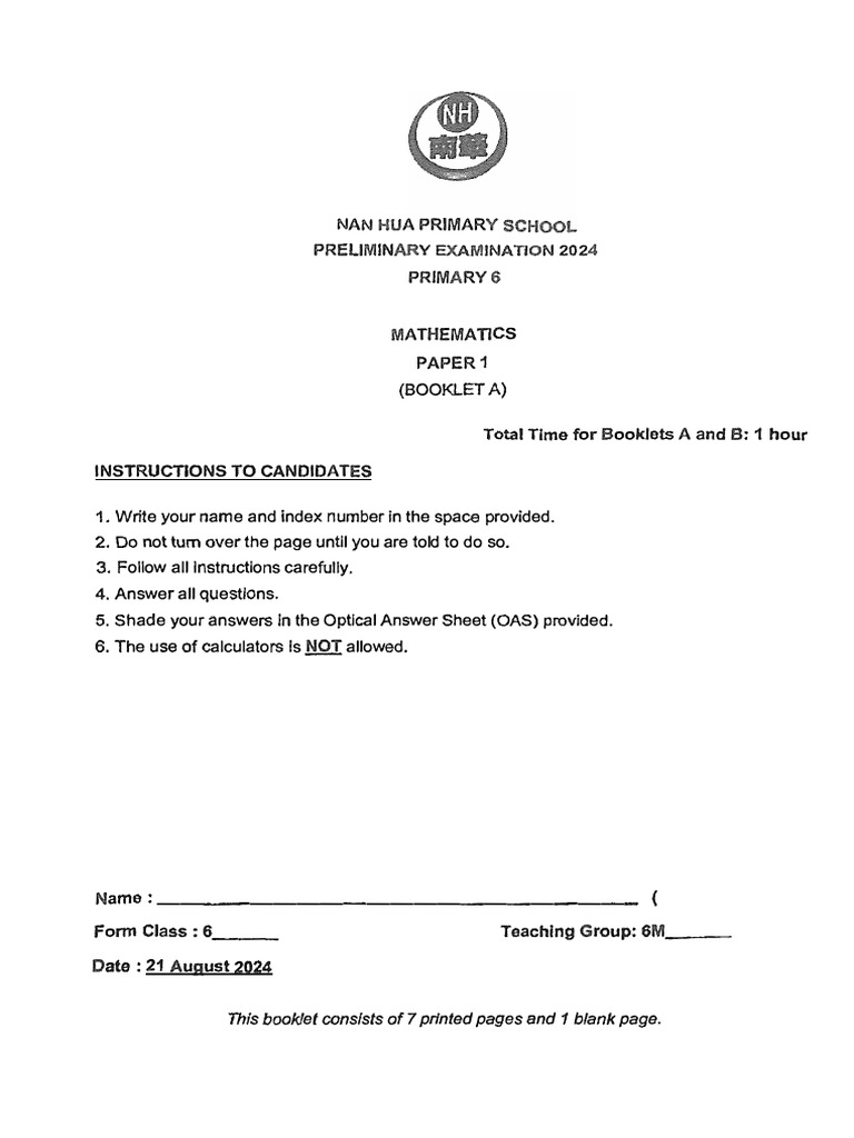 P6 Maths Prelim 2024 NanHua Exam Papers | PDF