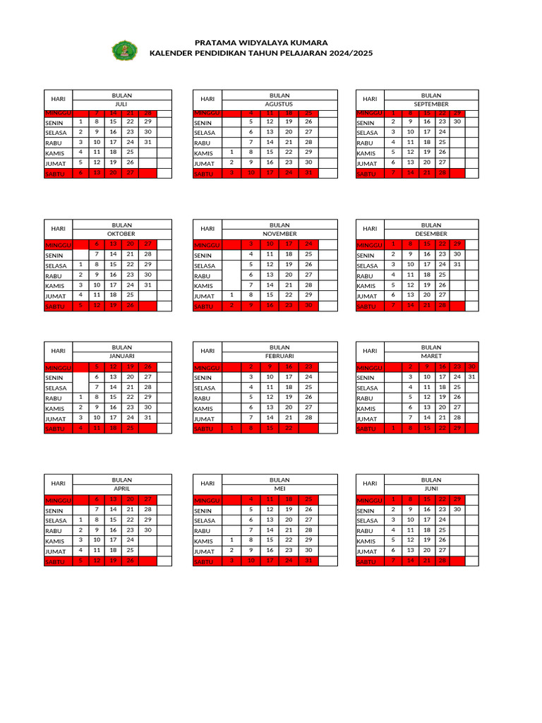 Pratama Widyalaya Kumara Kalender Pendidikan Tahun Pelajaran 2024/2025 | PDF