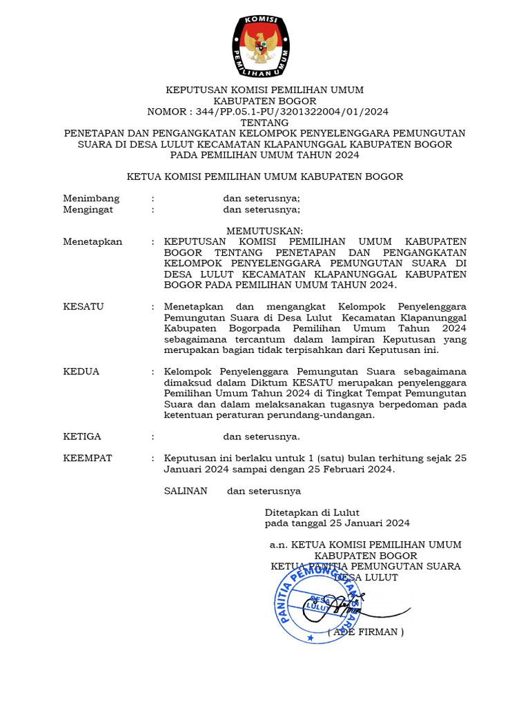 Surat Keputusan Penetapan KPPS Desa Lulut | PDF