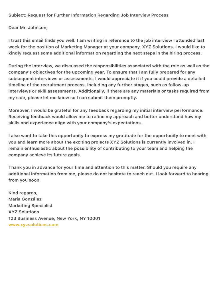 Subject Request For Further Information Regarding Job Interview Process ...