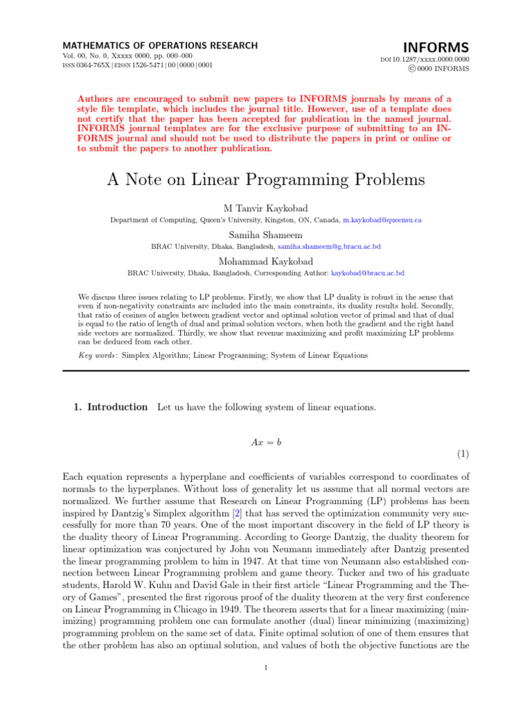 Mathematics of Operation Research A Note On Linear Programming Problems | PDF | Linear ...