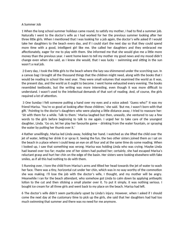 A Summer Job Comprehension | PDF | Narration | Emotions