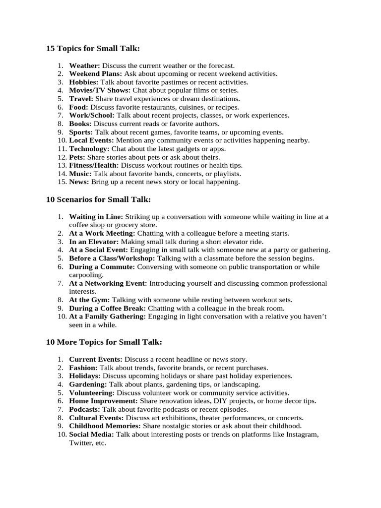 15 Topics For Small Talk | PDF