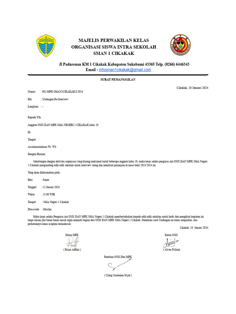 Undangan Re-Interview Anggota OSIS MPK | PDF