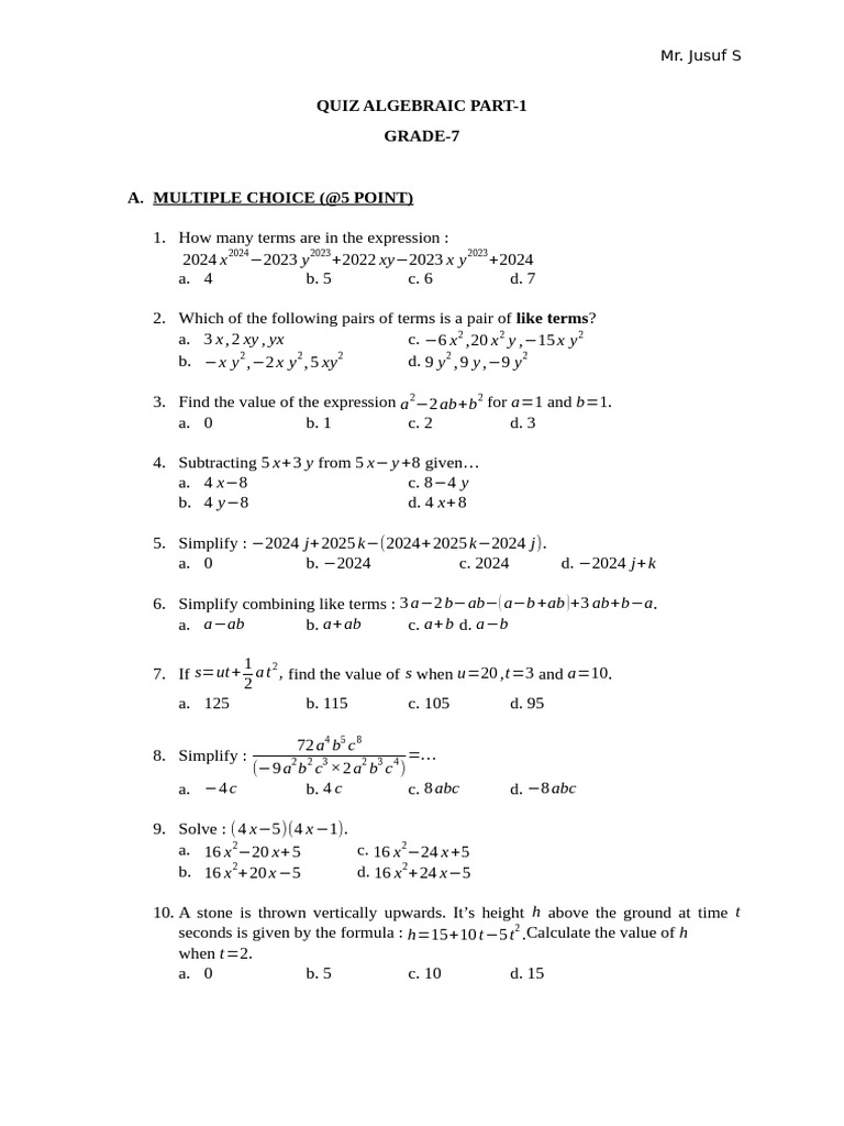 Try Out Algebraic Grade 7 | PDF | Algebra | Mathematics