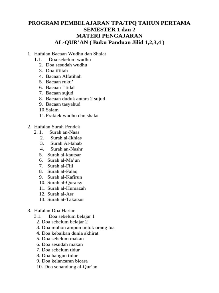 Program Pembelajaran Tpa Al Ikhwan 1 | PDF