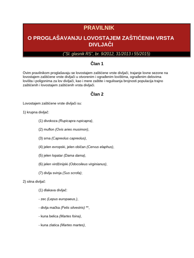 PRAVILNIK o Proglasenju Lovostajem Zasticenih Vrsta | PDF