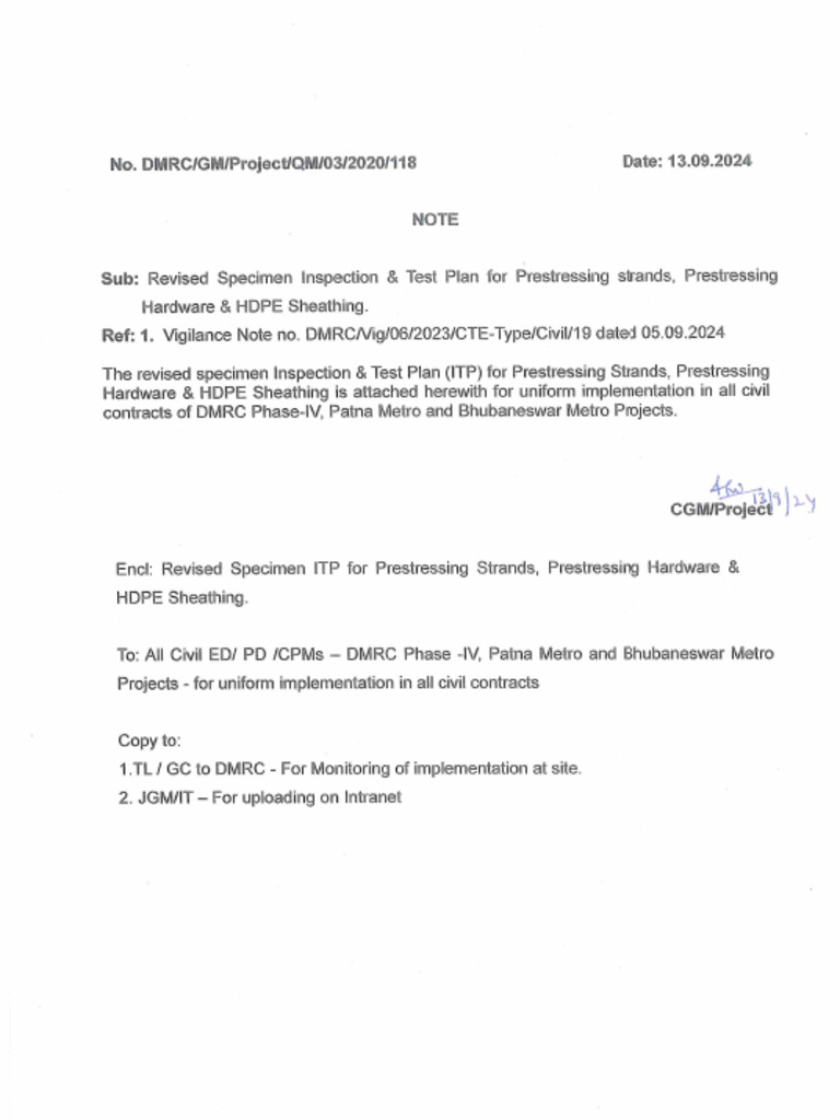 Amendment To The ITP of HT Strands, Prestressing .Hardware and HDPE ...