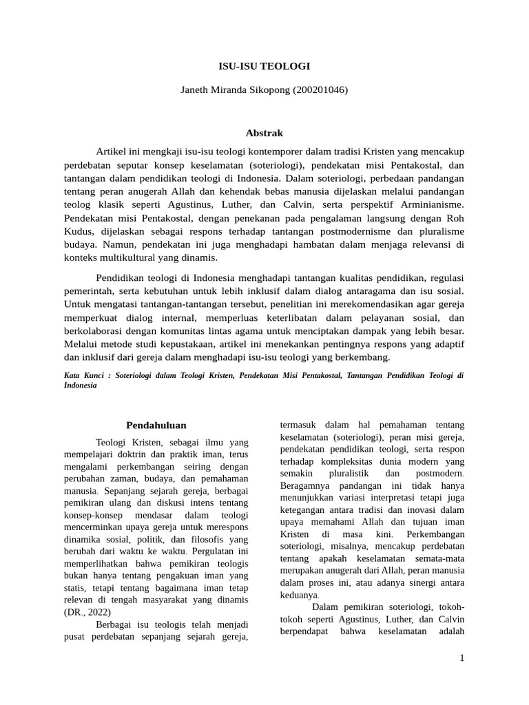 Artikel Ilmiah Isu-Isu Teologi-Janeth Miranda Sikopong-200201046 | PDF ...