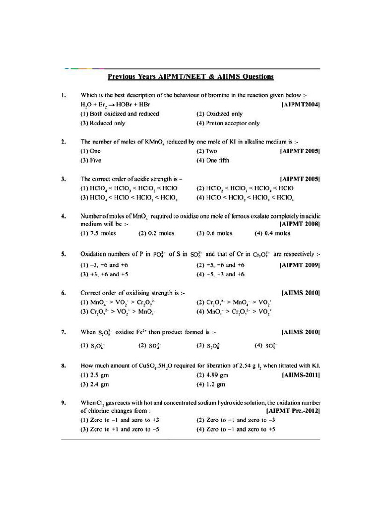 Redox Reaction All Pyqs | PDF